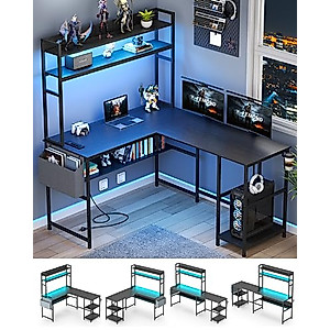 FEMOND L Shaped Gaming Desk with LED Lights & Power Outlets Computer Desk with Hutch Office Desk with Storage Shelf, Headphone Hook,Cup Holder