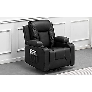 COMHOMA Leather Recliner Chair Modern Rocker with Heated Massage Ergonomic Lounge 360 Degree Swivel Single Sofa Seat with Drink Holders Living Room Chair Single (Black)