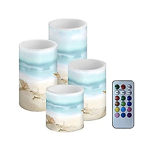 NETILGEN Beach Starfish Seashell Flameless LED Battery Candles 4 Pieces Pillar Fake Candles with Colored Light 4H 8H Timer Remote for Wedding Beach Party Decor
