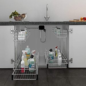 STORKING 2 Tier Under Sink Pull Out Cabinet Organizer Slide Wire Shelf Basket for Kitchen Base Cabinets 9" W 17" D 16" H (17D,2pcs)