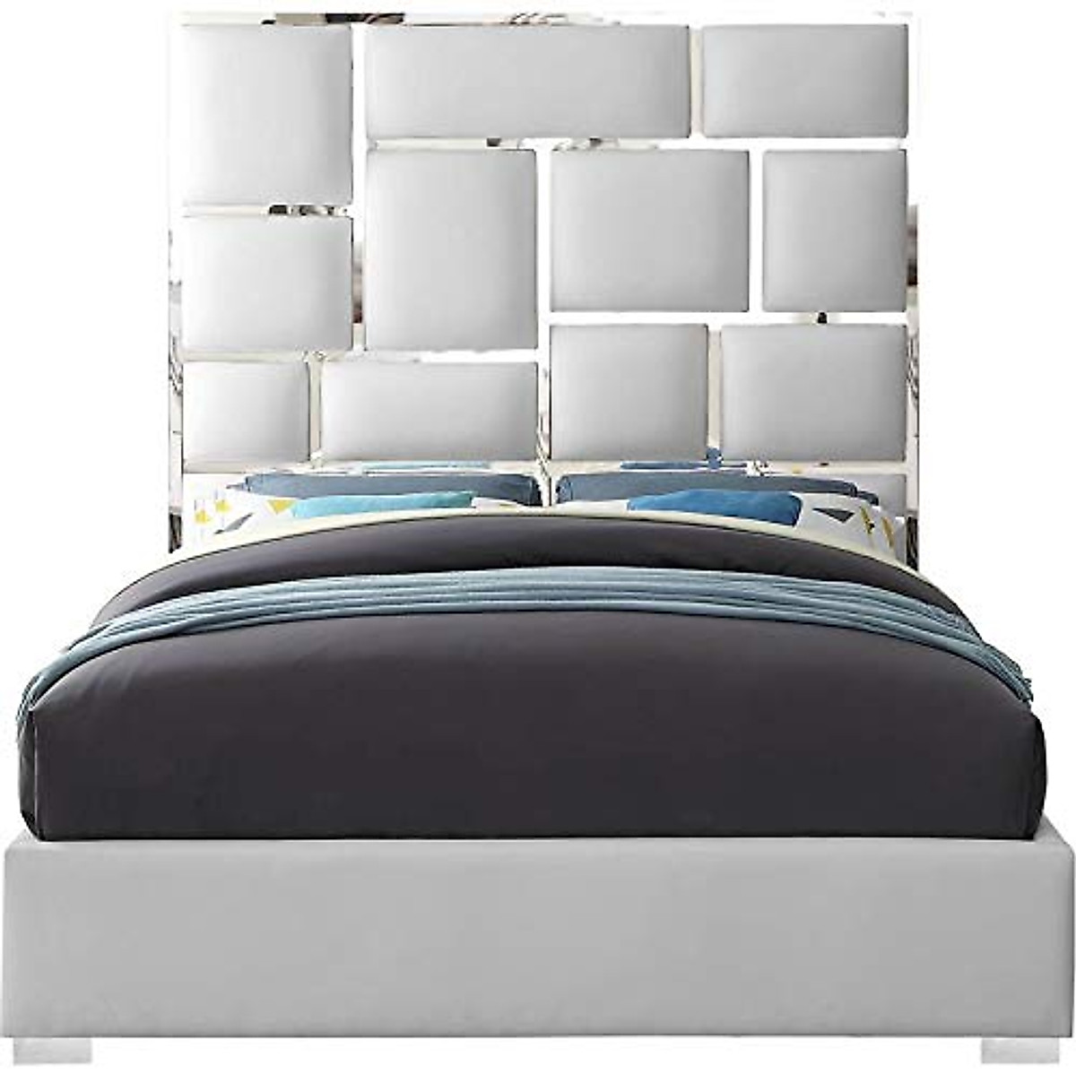 Meridian Furniture Milan Collection Modern | Contemporary Faux Leather Upholstered Bed with Custom Chrome Metal Legs and Geometric Designed Headboard, King, White