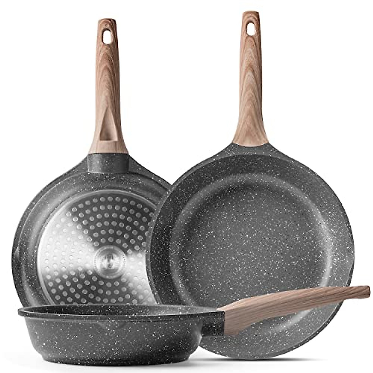 Caannasweis Nonstick Pan, Nonstick Stone Frying Pan, Best Nonstick Omelette Skillet Fry Pan with Soft Touch Handle, Induction Compatible (8+9.5+11 Inch Grey)