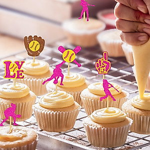 Rngmsi Softball Cupcake Toppers Decorations - 40PCS Softball Party Decorations Glitter Softball Birthday Cake Decorations Pink Softball Baby Shower Decor Supplies Softball Cupcake Toppers for Girls
