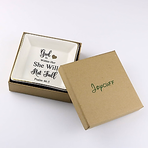 JoycuFF Religious Gifts for Women Inspirational Christian Jewelry Trinket Dish Birthday Gifts for Sister Daughter Mother Aunt Christians God Is Within Her She Will Not Fall
