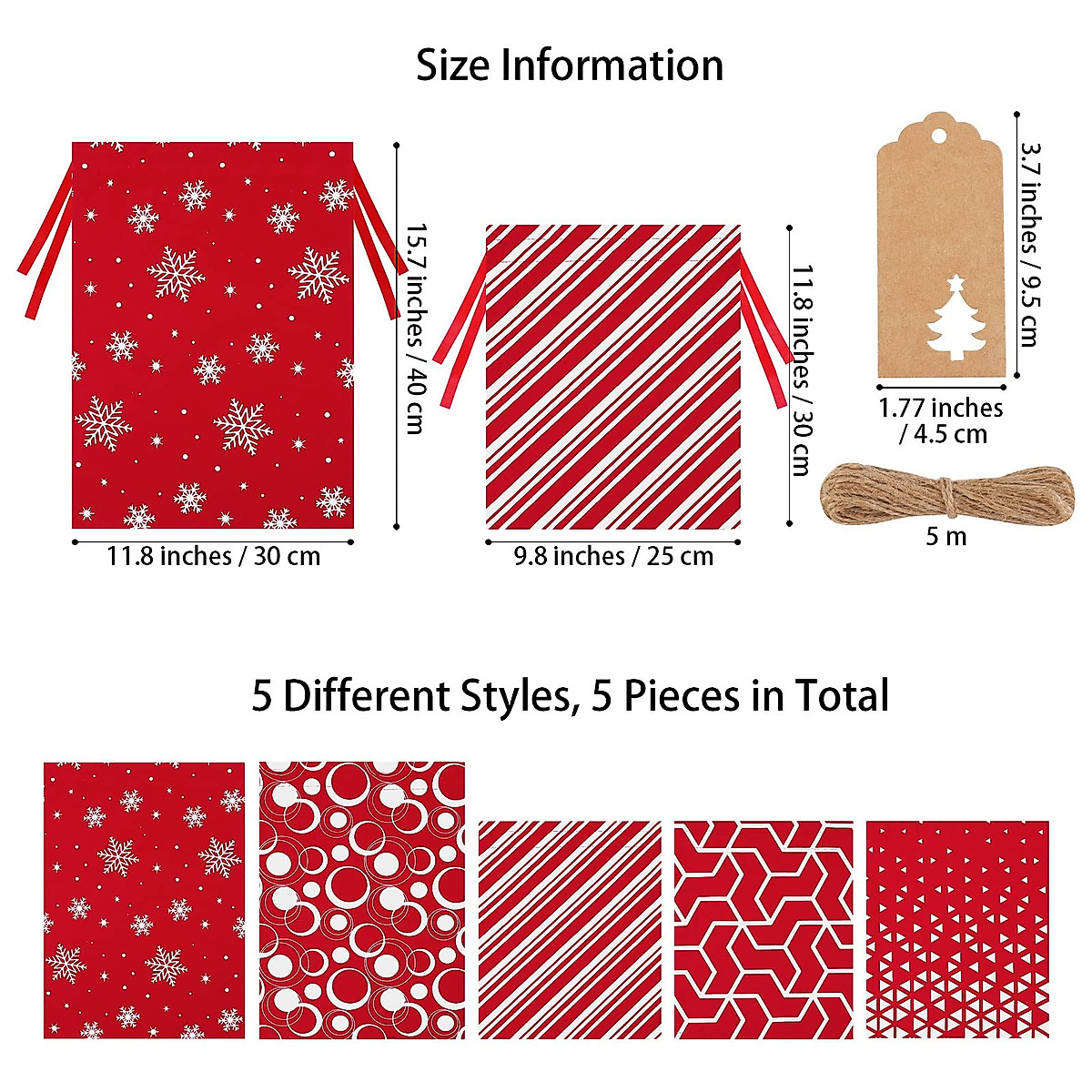 Aneco 5 Pieces Red and White Christmas Bags Xmas Cotton Fabric Drawstring Bags with 24 Pieces Kraft Paper Tags for Storing Christmas Gifts Parties, 5 Styles, 2 Sizes