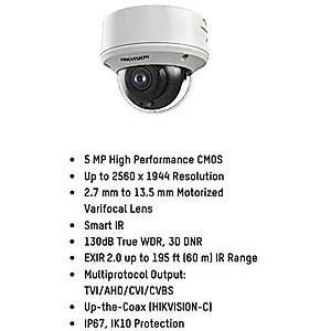 HIKVISION DS-2CE59H8T-AVPIT3ZF 5MP Ultra-Low Light IR Outdoor 4in1 TVI/AHD/CVI/CVBS Dome Camera with 2.7 mm to 13.5 mm Motorized Varifocal Lens, BNC Connection