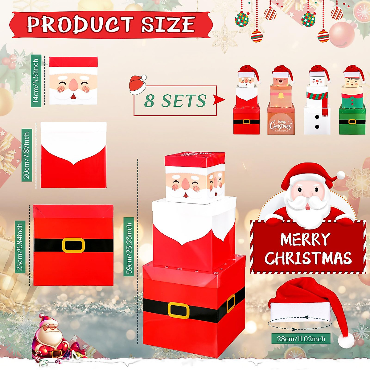 Fulmoon 24 Pieces Christmas Stacking Boxes Christmas Nesting Gift Boxes Christmas Stackable Boxes with Lids 8 Designs Snowman Decorative Present Boxes for Christmas Party Decor(Novelty Style)