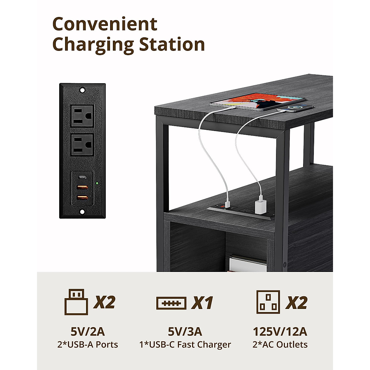 EVASTAR End Table with Charging Station, Narrow Side Table with 2 Drawers, Living Room Nightstand with Storage, Slim Bedside Table for Bedroom, Small Spaces, Black