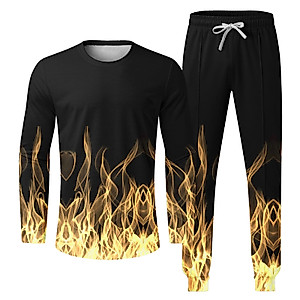 men's tracksuit 11 pieces long sleeve sets Men's Athletic 2 Pieces Tracksuit Casual 3D Flame Print Pullover Crewneck Sweatshirts Loose Sports Sweatpant Set Yellow L