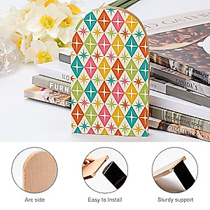 2 Pack Wood Bookends,Mid Century Starbursts On Diamond Decorative Book Ends Support for Shelves Desktop Organizer Wooden Bookshelf for Home School Office