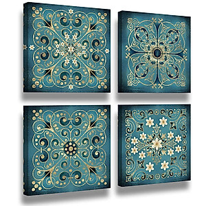 Bathroom art Bedroom decor Canvas wall art Floral pattern Print Bathroom abstract picture Teal bathroom accessories Wall decor Framed artwork Wall art hanging on Living room office 14"x14"x4 Panels