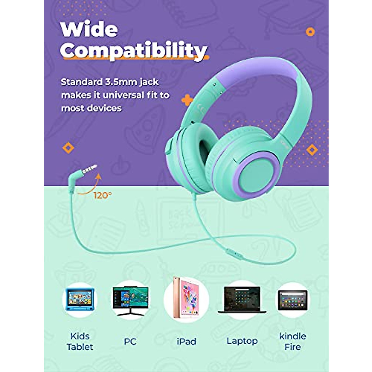 iClever 2 Pack Kids Headphones with Microphone - 94dB Safe Volume Limited - HS22 Wired Headphones for Kids Teens with Sharing Splitter, Tangle-Free Foldable Stereo Headset for School/Tablet/Travel