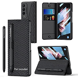 Libeagle Compatible with Samsung Galaxy Z Fold 3 Wallet Case with Capacitance Pen and Detachable S Pen Holder [2 Card Holder][Hinge Protection][Wireless Charging] Leather Cover 5G 2021-Carbon Fiber