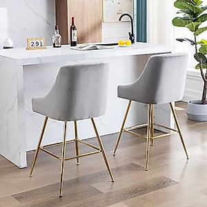 Restworld Velvet Bar Chair Set of 2, Furniture Series Modern Decoration, Polished Gold Metal Legs