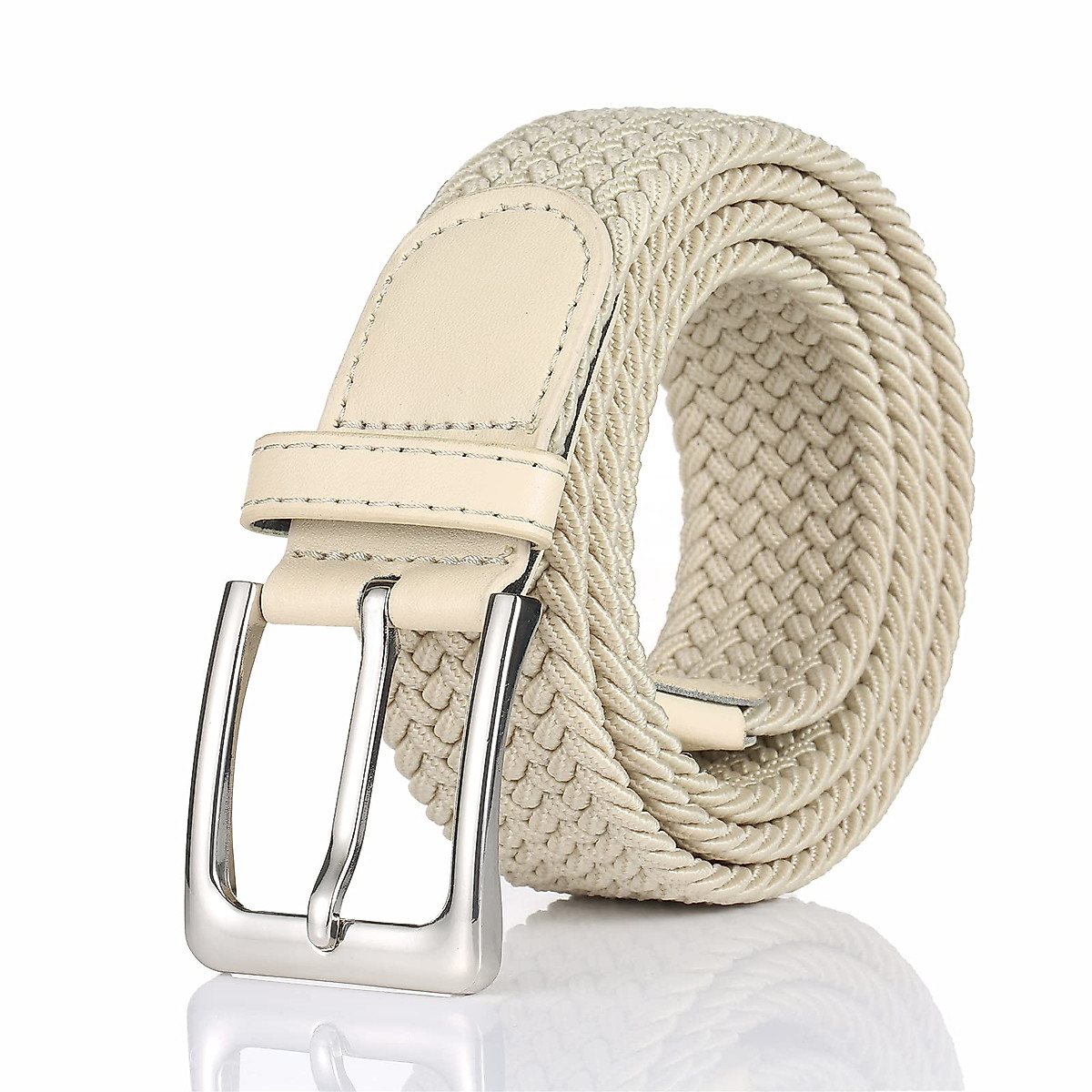 BSLLNEK Elastic Braided Belt, 1 3/8", Woven Stretch Belt for Golf Casual Jeans Shorts Pants (Beige, Medium (33-36" Waist))