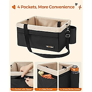 Feandrea Dog Car Seat, Pet Booster Seat for Small Dogs up to 18 lb, with Adjustable Straps, Removable Washable Fleece Liner, 4 Pockets, for Front Seats, Back Seats, Black and Beige UPBS042B01