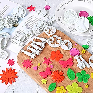 AOSHANG 33 Pcs Fondant Cake Cookie Plunger Cutter Fondant Cake Cutter Mold Sugar craft Flower Leaf Butterfly Heart Shape Decorating Mold DIY Tools