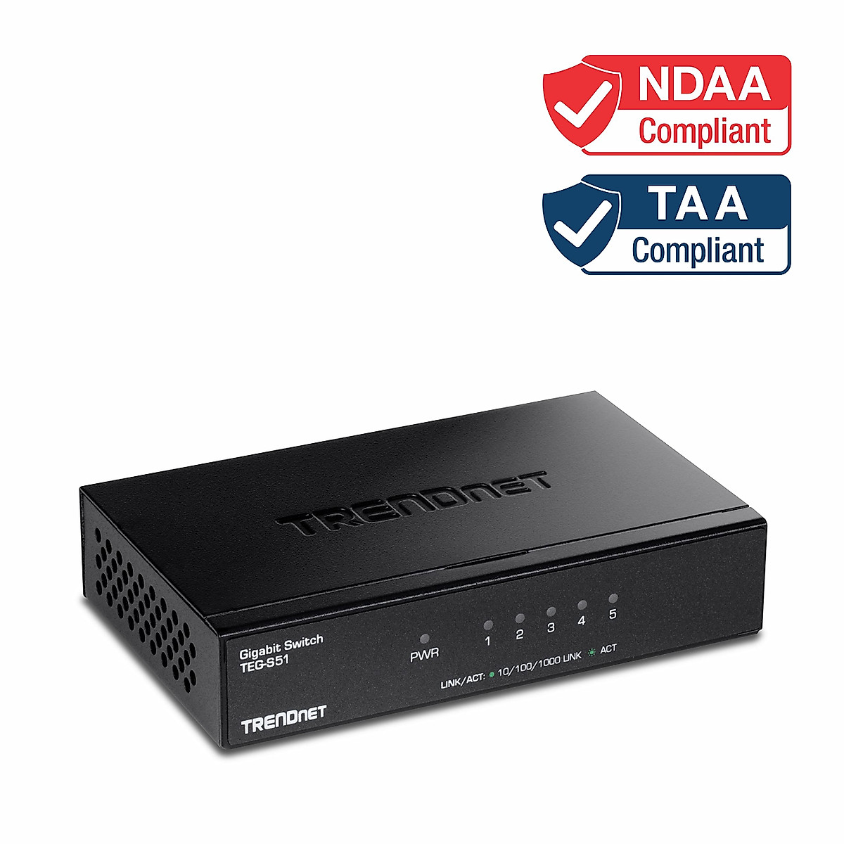 TRENDnet 5-Port Gigabit Desktop Switch, TEG-S51, 5 x Gigabit RJ-45 Ports, Ethernet Splitter, 10Gbps Switching Capacity, Fanless Design, Metal Enclosure, Lifetime Protection, Black