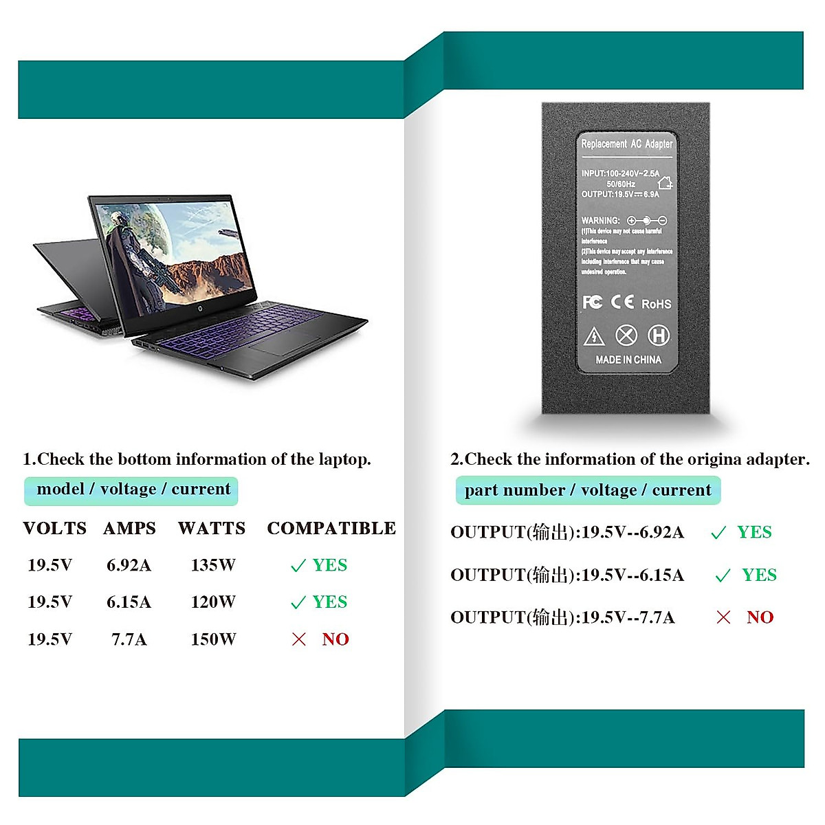 135W Laptop Charger Fit for HP Spectre x360 15 16 15-df 15-dc 15-ch 15-EB 15t 16-f 16t Series, Pavilion Gaming 17 15 Omen 15 17 Envy 14 15 17 Laptop TPN-CA13 TPN-DA11 L15534-001 Power Supply Cord