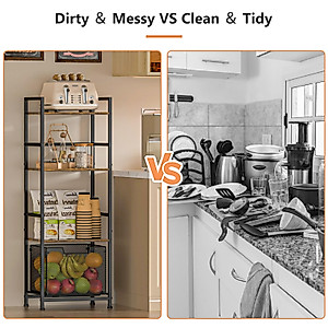 4-Tier Adjustable Kitchen Storage Rack - Kitchen Shelf Organizer Freestanding, Kitchen Storage Shelves with Wire Drawer, Metal Shelving Unit with Wood Board, Versatile Narrow Shelf for Small Space