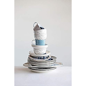 Creative Co-Op 15.25" Floral Stoneware Blue Scalloped Rim Platter