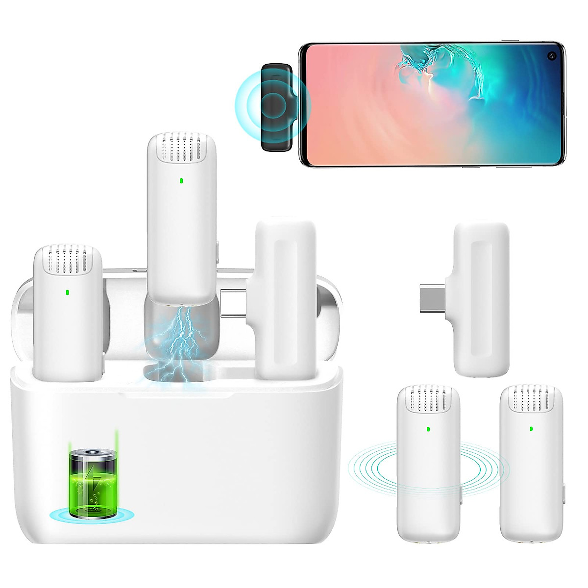 ULANZI J12 Wireless Lavalier Microphone for USB C Phone White, 2-in-1 Plug-Play Mic with Charging Case for Phone Video Recording Interview Youtubers Vloggers, 65ft Transmission Range