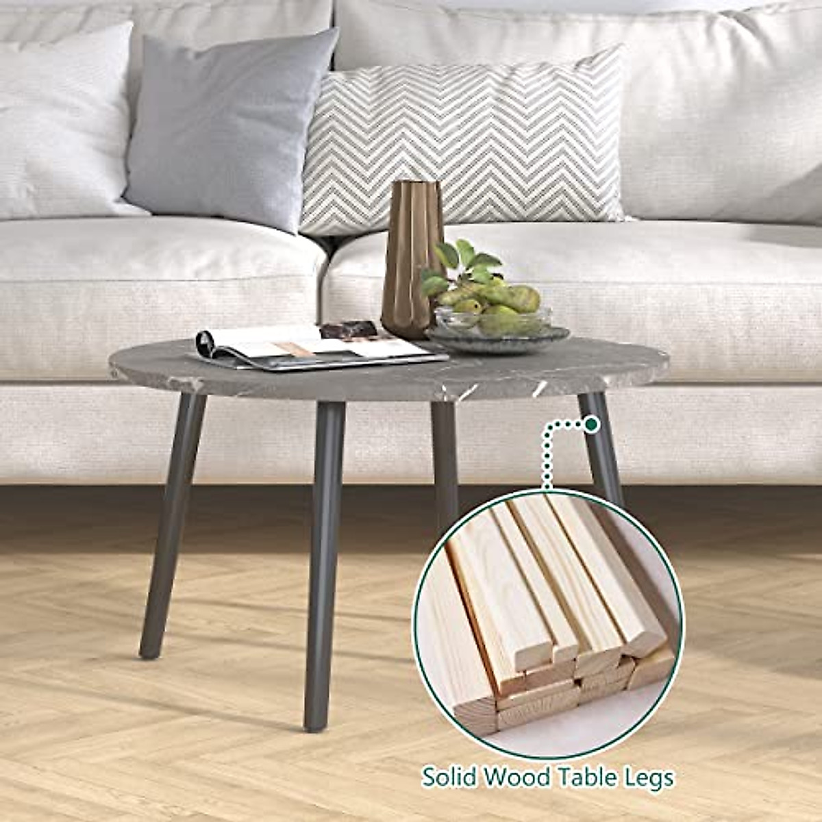 WiberWi Round Coffee Table 23.6” Small Coffee Tables for Living Room Faux Grey Marble Top Modern Circle Table Sturdy Black Solid Wood Legs Cocktail Table End Table