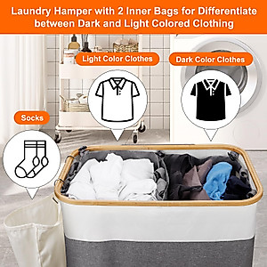Laundry Hamper with Lid, 150L Large Laundry Basket with Bamboo Handles and Removable Bags, Collapsible Dirty Clothes Hamper, 2 Section Laundry Bin Organizer for Bedroom,Bathroom,Laundry Room, Grey