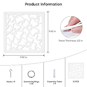 Lucky Monet 12Pcs Hanging Room Divider Panels Decorative Room Separator White Wall Partition Privacy Screen Indoor for Bedroom Dining Hotel Restaurant - White Flower