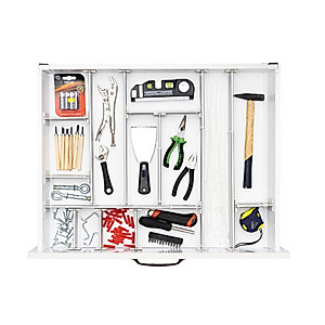 Practical Comfort Drawer Dividers, 9 pcs adjustable drawer dividers set, Made from high strength aluminum, 3 Main expandable drawer divider expand From 17.5" to 19.7" + 6 Sliding Separators 3.8"