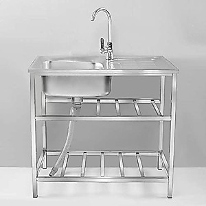 Commercial restaurant sink, stainless steel outdoor sink, freestanding utility sink with faucet and double shelf for bar, restaurant, kitchen, hotel, home, workshop, sink (Size : 75 * 40cm/30 * 16in)
