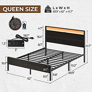 Rolanstar Bed Frame with Charging Station, Queen Bed Frame with LED Lights Headboard, Metal Platform, Strong Metal Slats Support, 10.2” Under Bed Storage Clearance, No Box Spring Needed, Noise Free