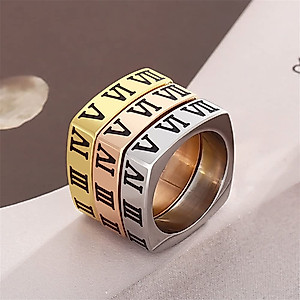 Elefezar Square Roman Numeral Band Ring 18K Gold Plated Stainless Steel Stackable Promise Ring Gift for Her Gold 7