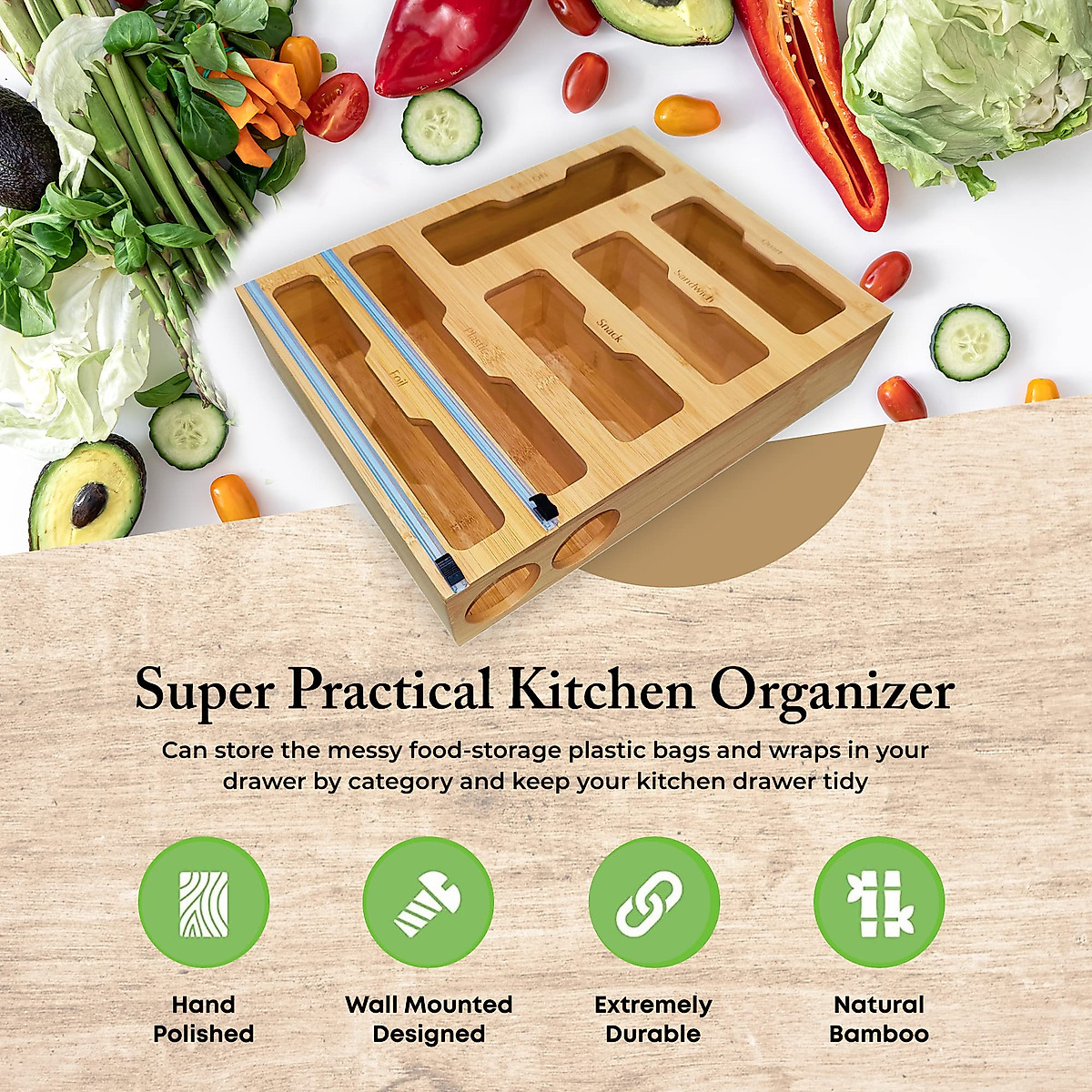 Bamboo 6 in 1 Food Storage Bag Organizer for Kitchen Drawer Baggie Container Dispenser Food Storage Bag Holder for Sandwich - Nuts, Cookies & Snack Variety Size Bags, Compatible with Ziploc,Gallon