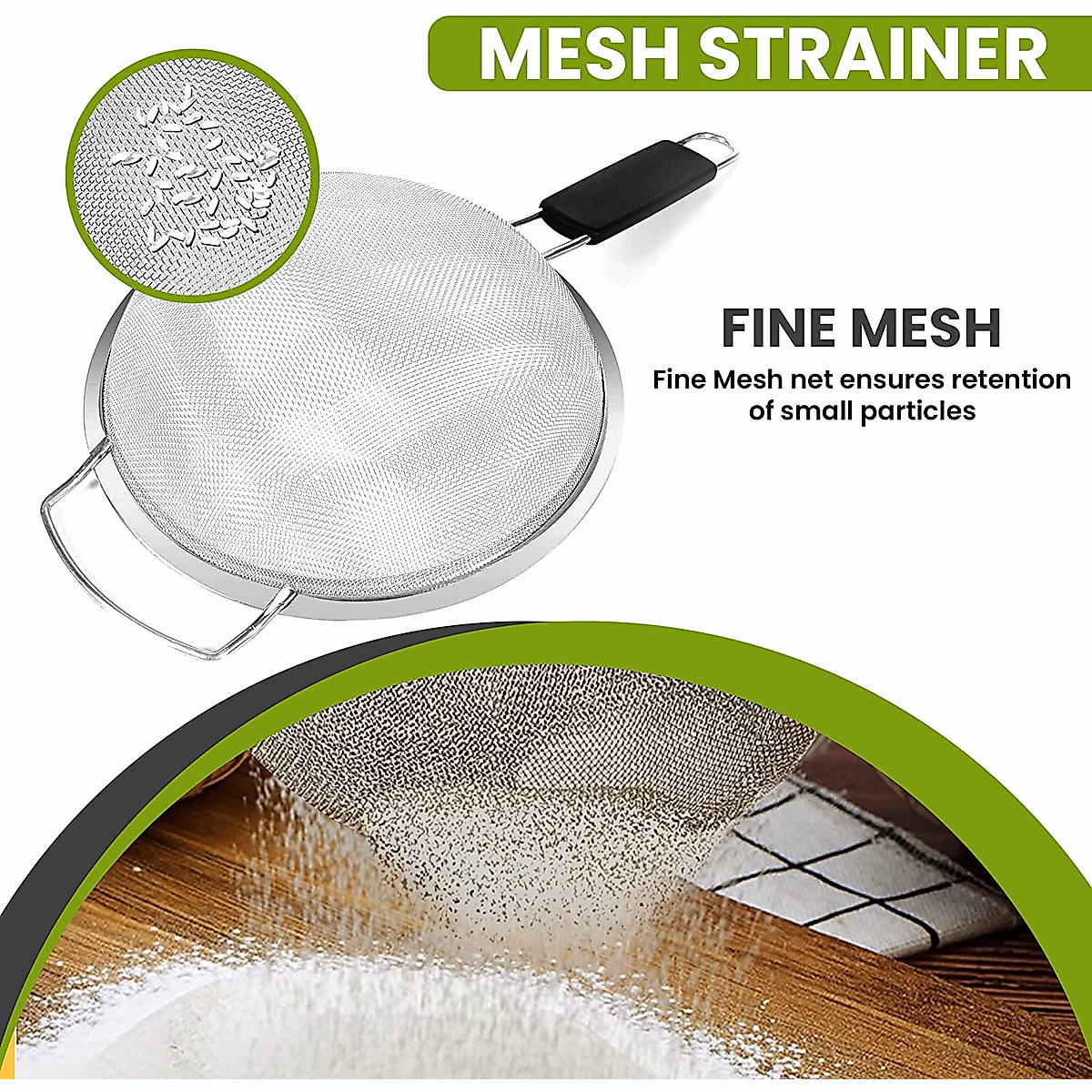 Kafoor 8" Large Fine Mesh Strainer with thermo plastic rubber handle - Sieve Fine Mesh Stainless Steel - Ideal to Strain Pasta, Quinoa and Rice.