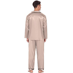 Ekouaer Men Silk Satin 2 Piece Pajamas Long Sleeve Button Top and Long Pants Set (Champagne Gold,S)