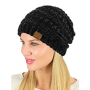 C.C Women's Chenille Soft Warm Thick Knit Beanie Cap Hat-Black