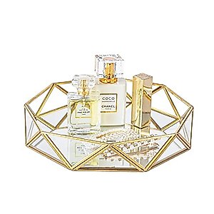 Feyarl Gold Clear Glass Mirror Make up Vanity Tray Jewelry Organizer Tray Ornate Cosmetic Tray Geometric Shape Perfume Display Decorative Tray for Home Decor Dresser Tabletop Countertop (9.5Inch)