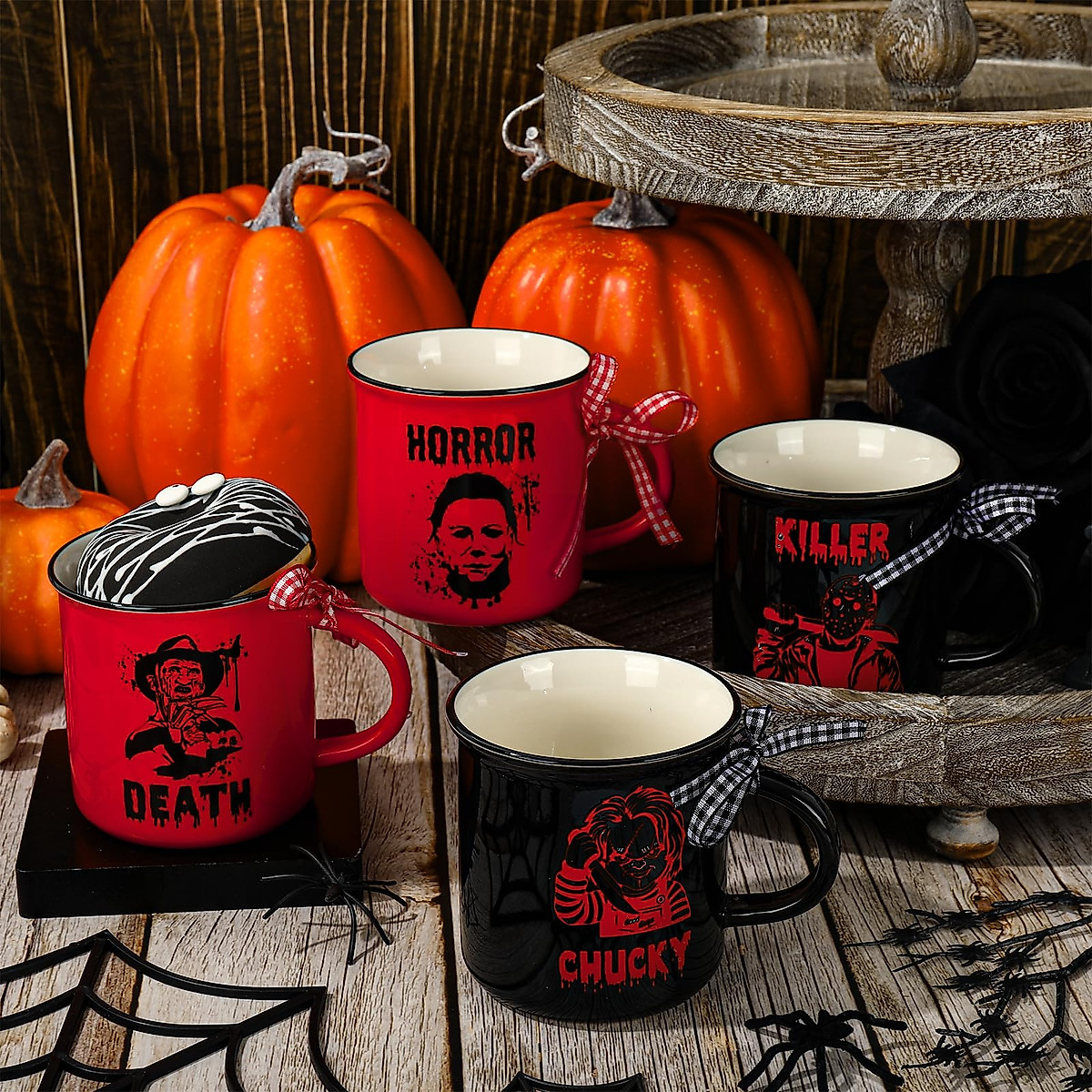 Whaline 4Pcs Halloween Mini Mugs with Plaid Ribbon Horror Movie Character Mini Coffee Mug Halloween Party Cups for Table Centerpieces Tiered Tray Decor Gifts