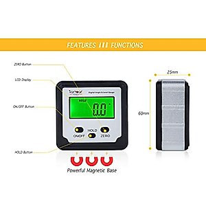 Digital Angle Finder by TickTockTools - Magnetic Mini Level and Bevel Gauge - Woodworking with Table or Miter Saw - Inclinometer - Precise Measurement Tool with LCD and Backlight - 180 Degree Rotation