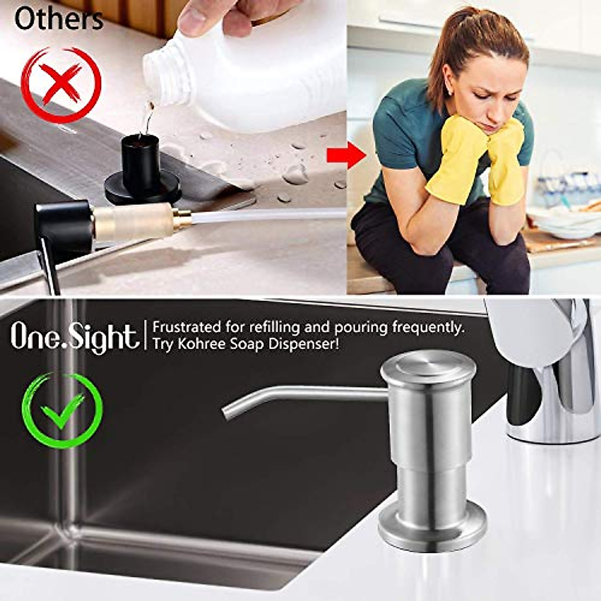 One Sight Soap Dispenser for Kitchen Sink and 47'' No-spill Extension Tube Kit, Stainless Steel, Kitchen Dish Soap Dispenser Pump In Sink Connects Directly To Soap Bottle