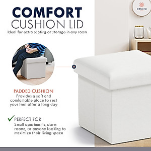 Ornavo Home Small Storage Ottoman Foldable Collapsible Cube Square Linen Ottoman Foot Rest Stool Seat, for Living Room, Bedroom, Home Office, Dorm - 12 x 12 x 12, White