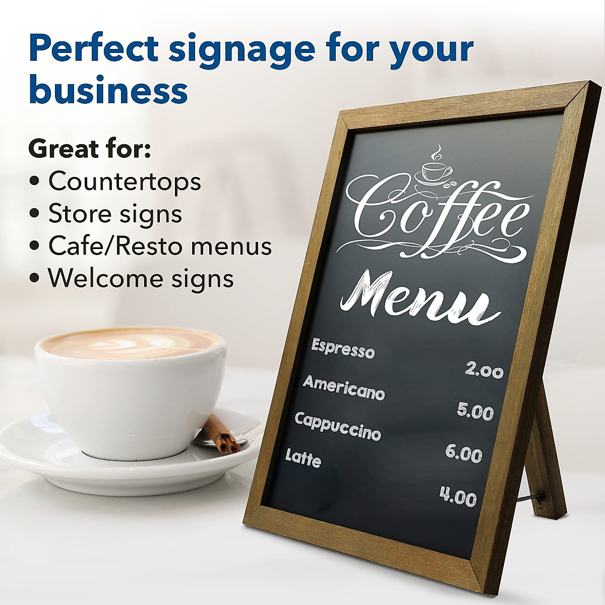 Besso Small Chalkboard Signs with Stand, 11x14 Deep Black, Slate Magnetic Chalk-Board, Non-Porous Surface with Rustic Pine Wood Frame - Tabletop Sign (Brown)