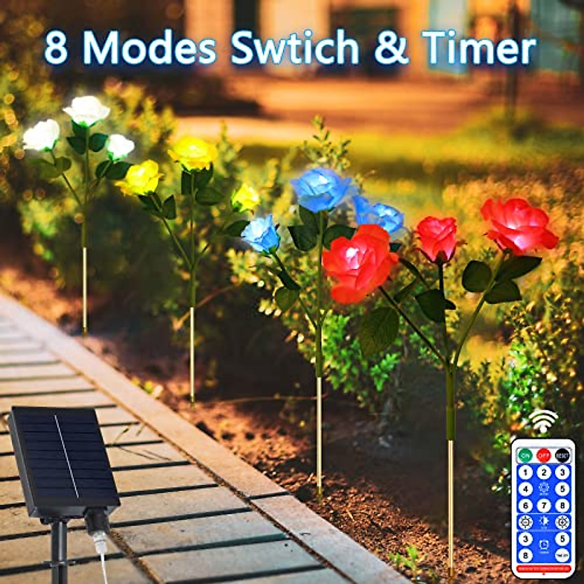 PINPON Christmas Solar Garden Landscape Lights Outdoor, 4 Pack Waterproof Flower Fairy Decorative Lights with Bigger Solar Panel for Pathway Yard Patio Decor, Multi-Color