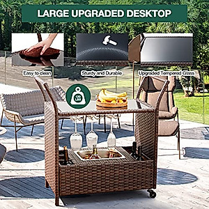 Vicluke Outdoor Wicker Bar Cart with Removable Ice Bucket, Rattan Bar Serving Cart with Glass Holder and Wheels, Beverage Cart with Glass Countertop for Pool, Party, Backyard