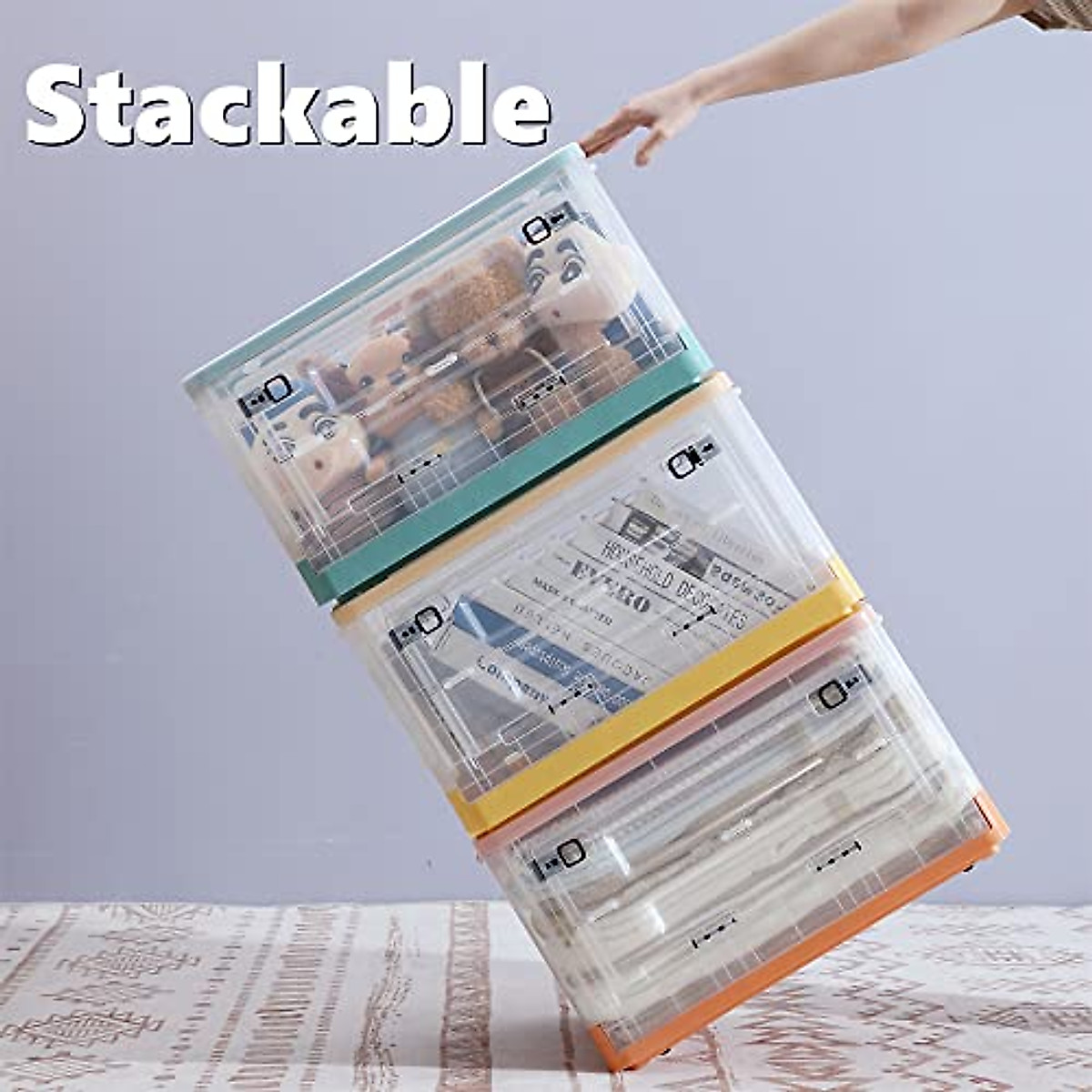 OEMVALATY 2 Packs Storage Bins with Lids,28 Qt. Clear Stackable Lidded Storage Bins,Collapsible Storage Cube Bins with Wheels, Plastic Storage Box Containers with Double Doors for Home, Office, Bedroom, Living Room