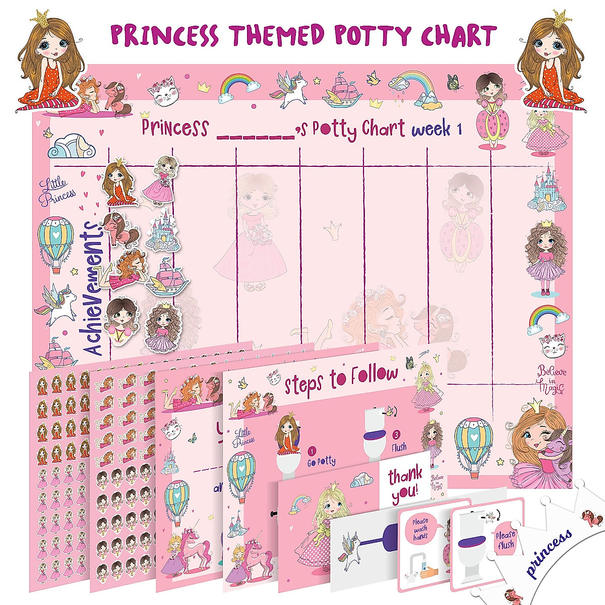 ATHENA FUTURES Potty Training Count Down Timer Watch - Princess Pink and Potty Training Chart for Toddlers - Princess Design