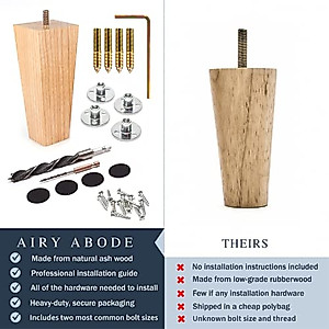 Premium Square Ash Wood Furniture Legs - Furniture Feet for Sofa, Chair, Couch, Dresser, Bed, Cabinet, Ottoman - Wooden Legs are Easy to Install & Include Installation Hardware - Set of 4, 5 Inches