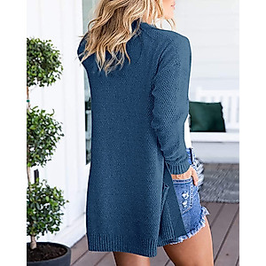 MEROKEETY Women's Soft Waffle Knit Cardigans Long Sleeve Open Front Loose Fall Sweater with Pockets,Teal,XL