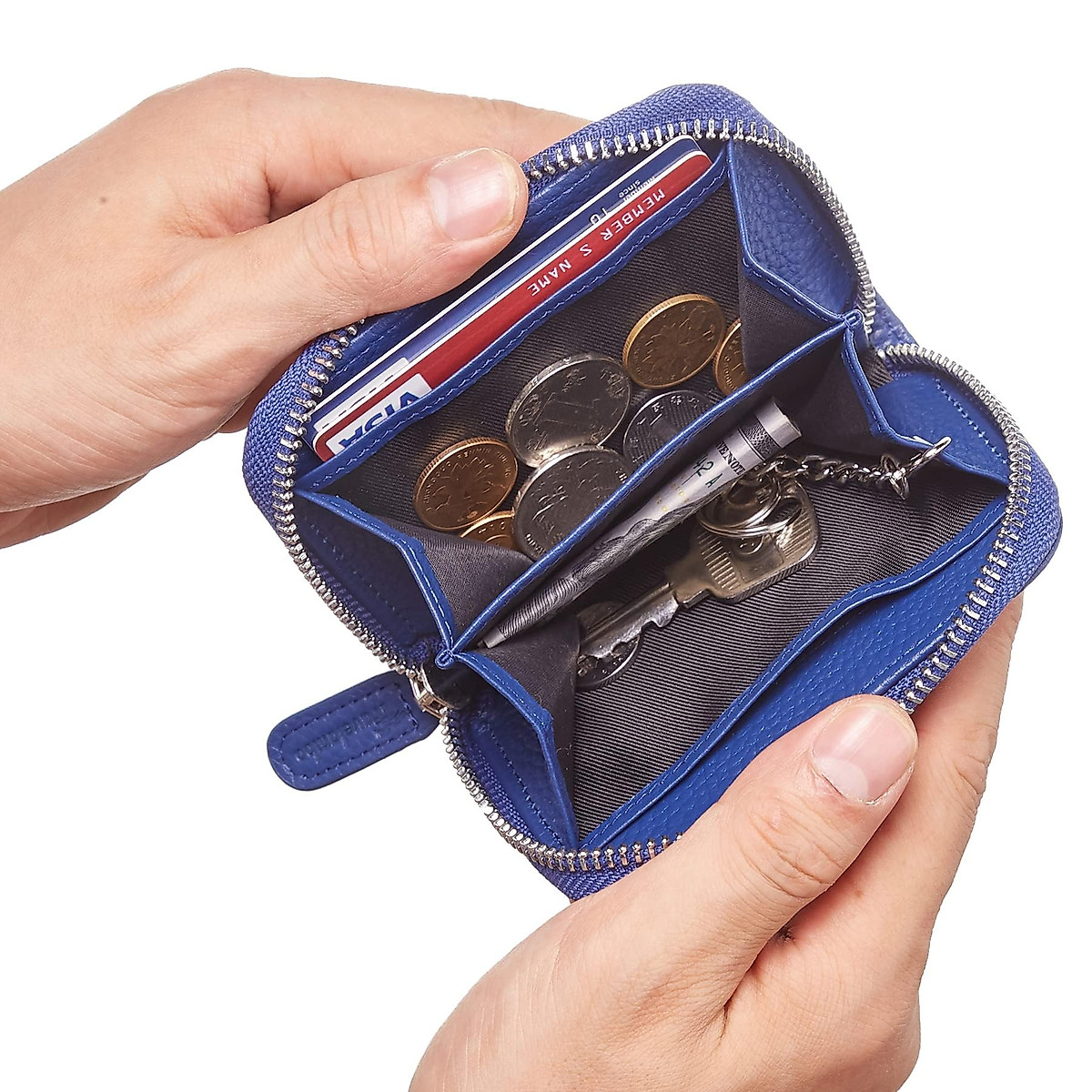 Travelambo Genuine Leather Coin Case Small Wallet YKK Zipper(Blue)